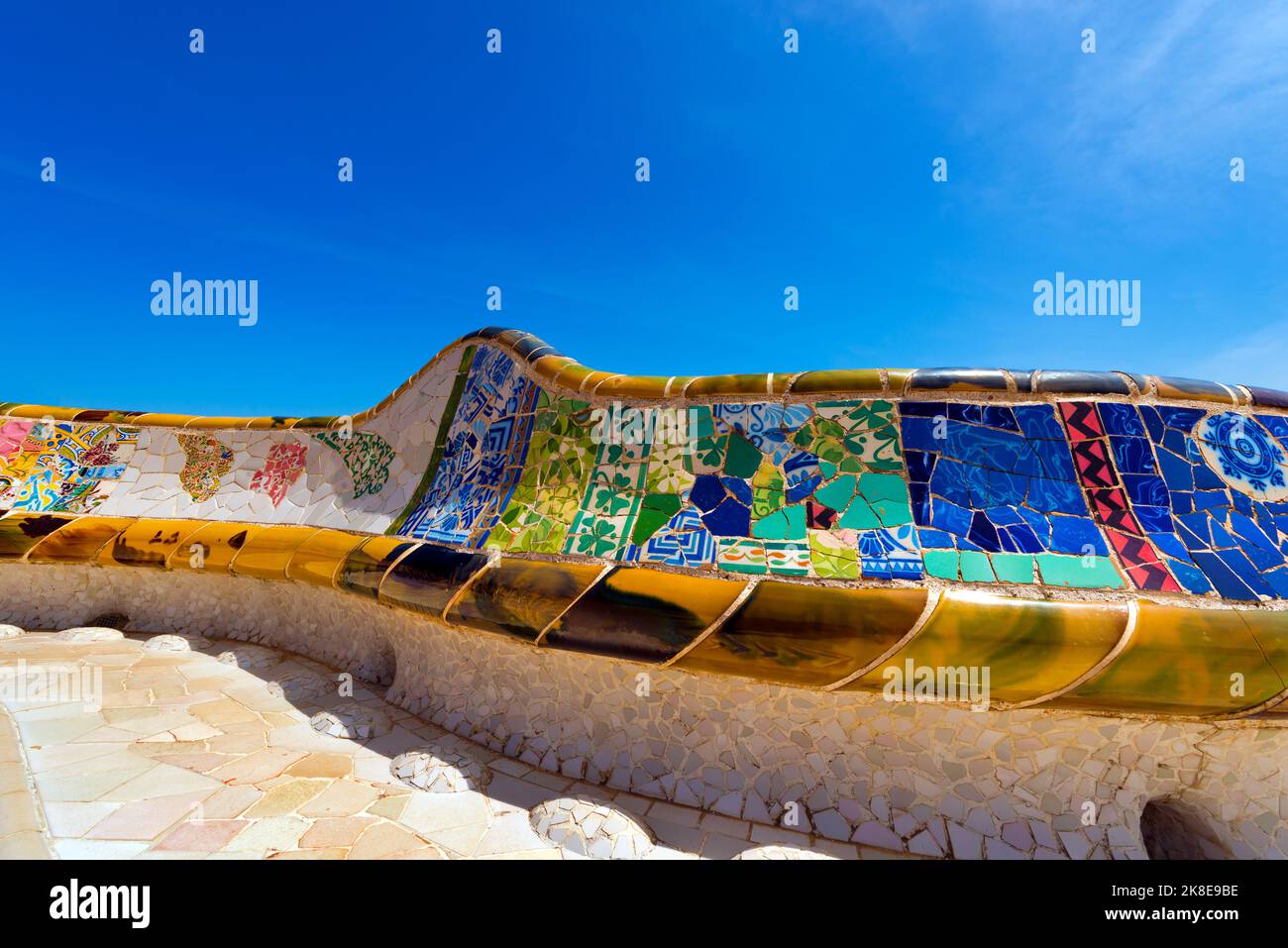 Barcelona. Detail of a ceramic bench in the Park Guell designed by the ...