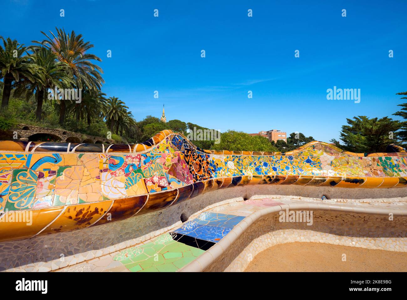 Barcelona. Detail of a ceramic bench in the Park Guell designed by the ...
