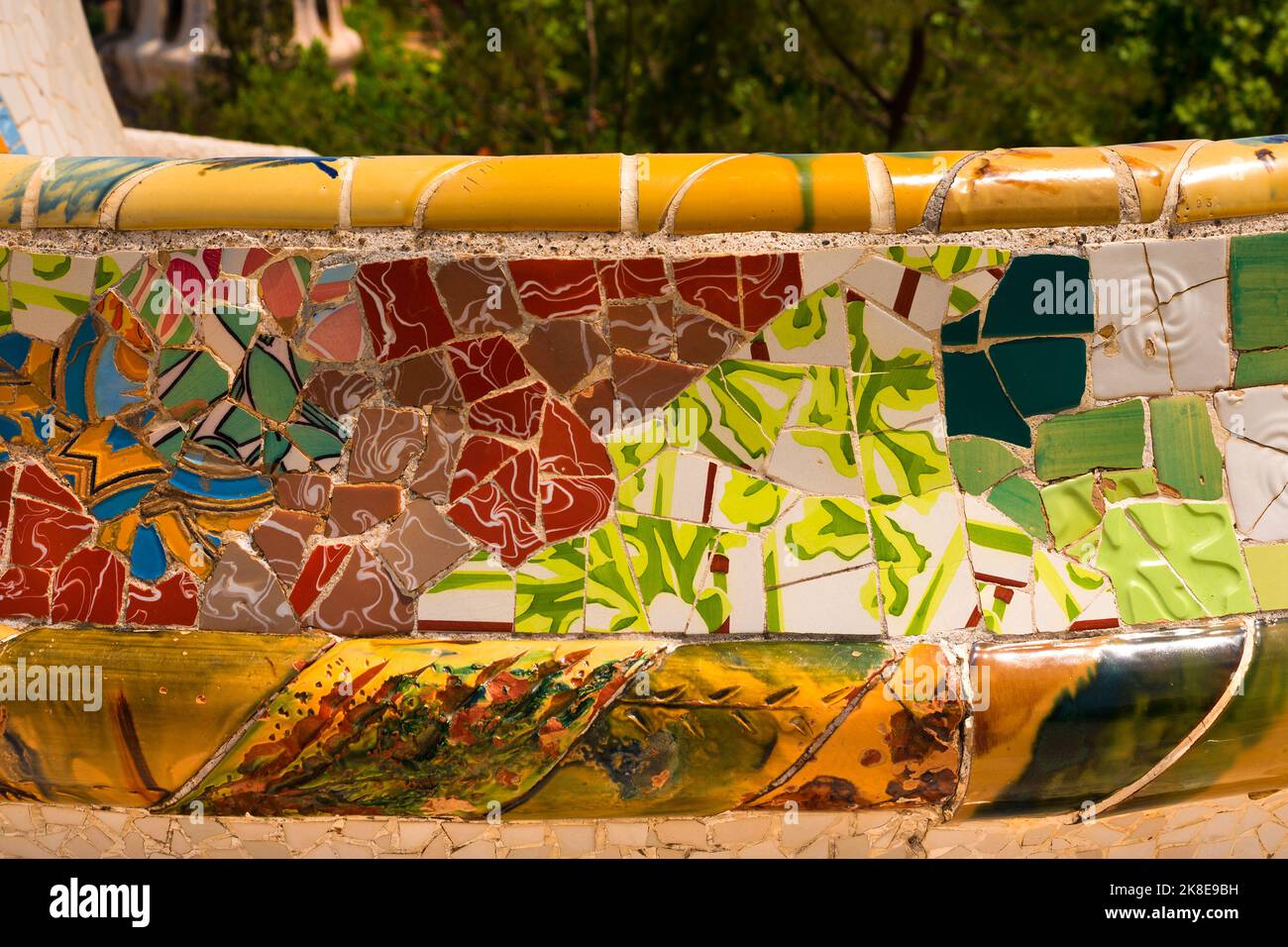 Barcelona. Detail of a ceramic bench in the Park Guell designed by the ...