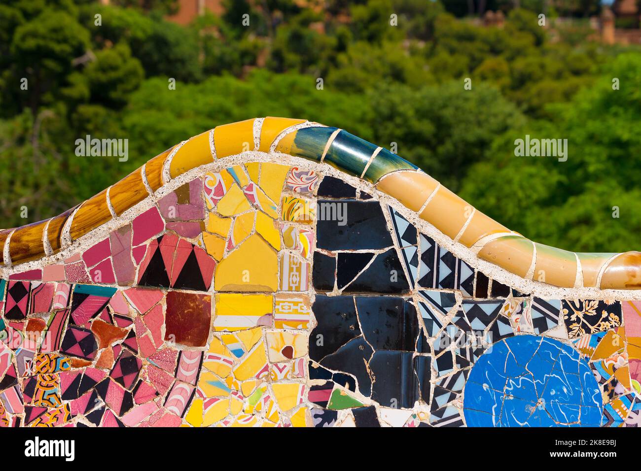 Barcelona. Detail of a ceramic bench in the Park Guell designed by the ...