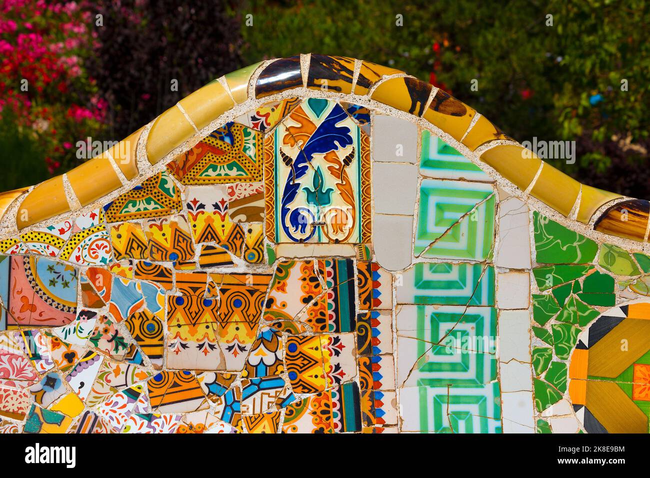 Barcelona. Detail of a ceramic bench in the Park Guell designed by the ...
