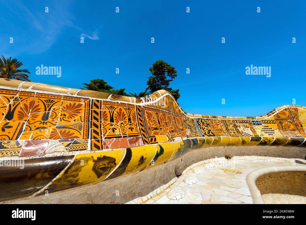 Barcelona. Detail of a ceramic bench in the Park Guell designed by the ...