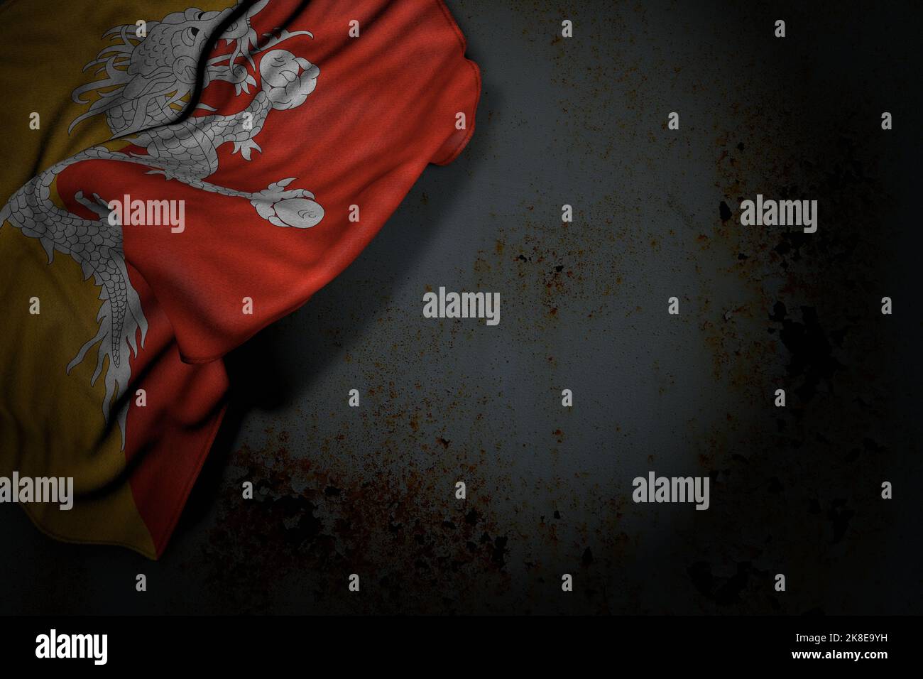 nice dark illustration of Bhutan flag with big folds on rusty metal ...