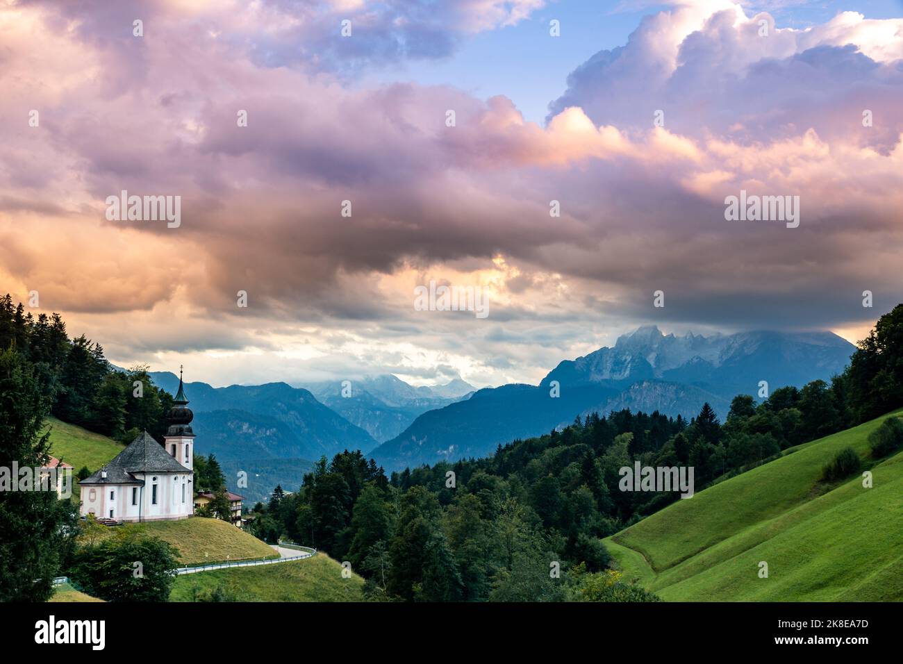 Maria Gern Church and Bavarian Alps with Watzmann Mountain during ...