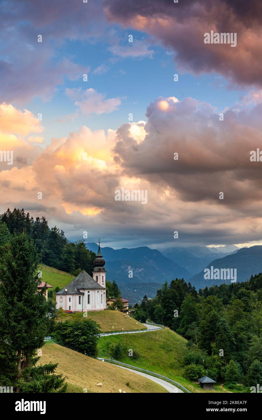 Maria Gern Church and Bavarian Alps with Watzmann Mountain during ...