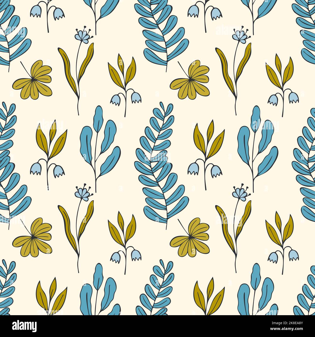 Flowers pattern doodle hand drawn green and blue color. Vector ...