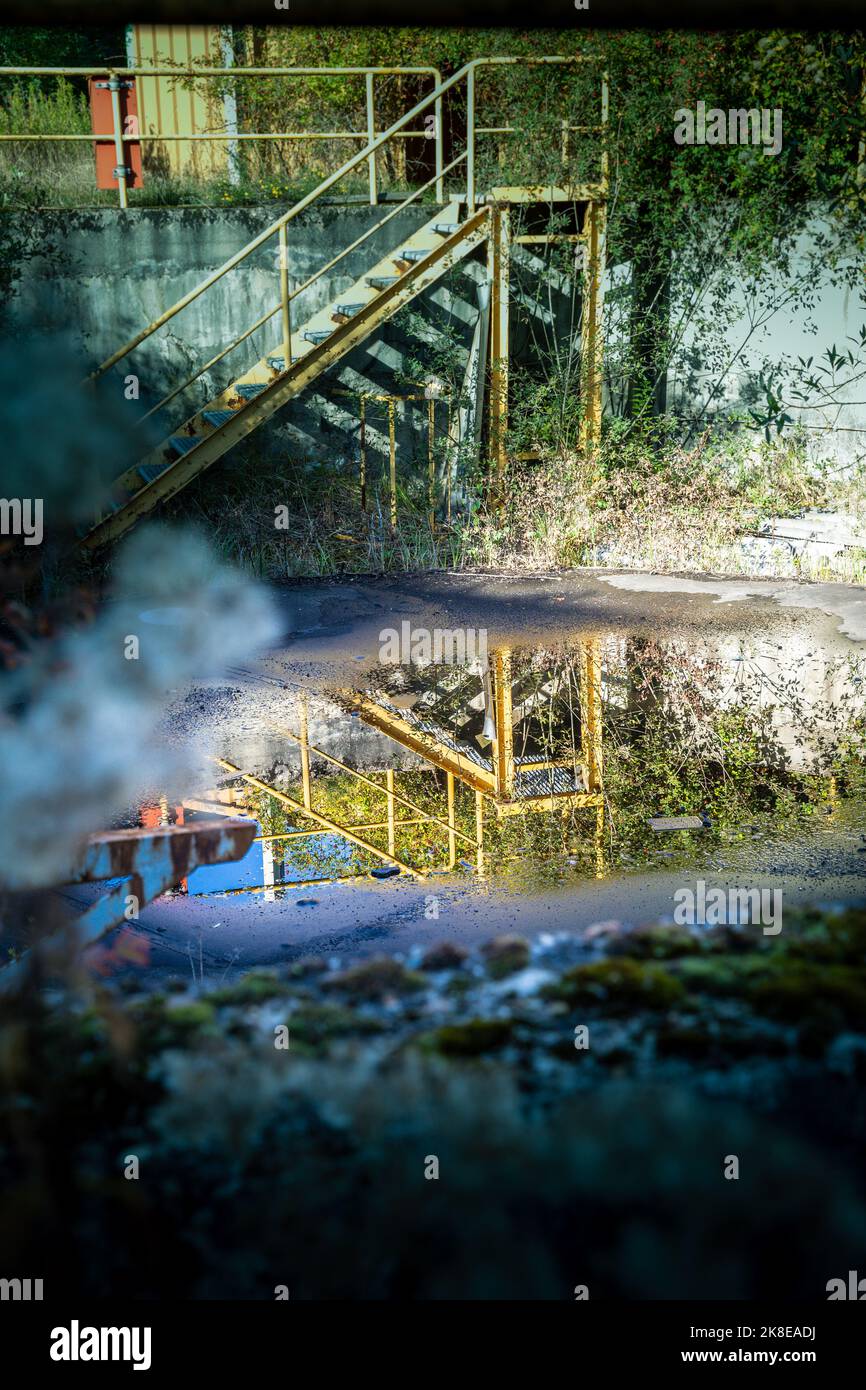 This old yellow steel stairs reflected in the puddle Stock Photo - Alamy