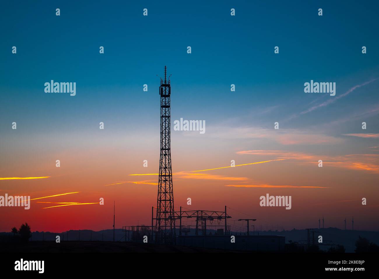 relay Cell tower in the early morning against the background of an ...