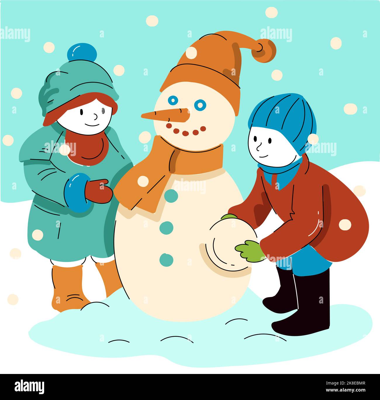 Children sculpting a snowman, vector cartoon comics style, seamless ...