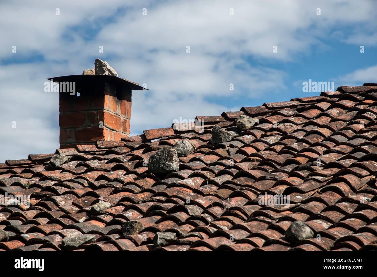 Roof of old country house from weathered aged clay tiles closeup Stock ...