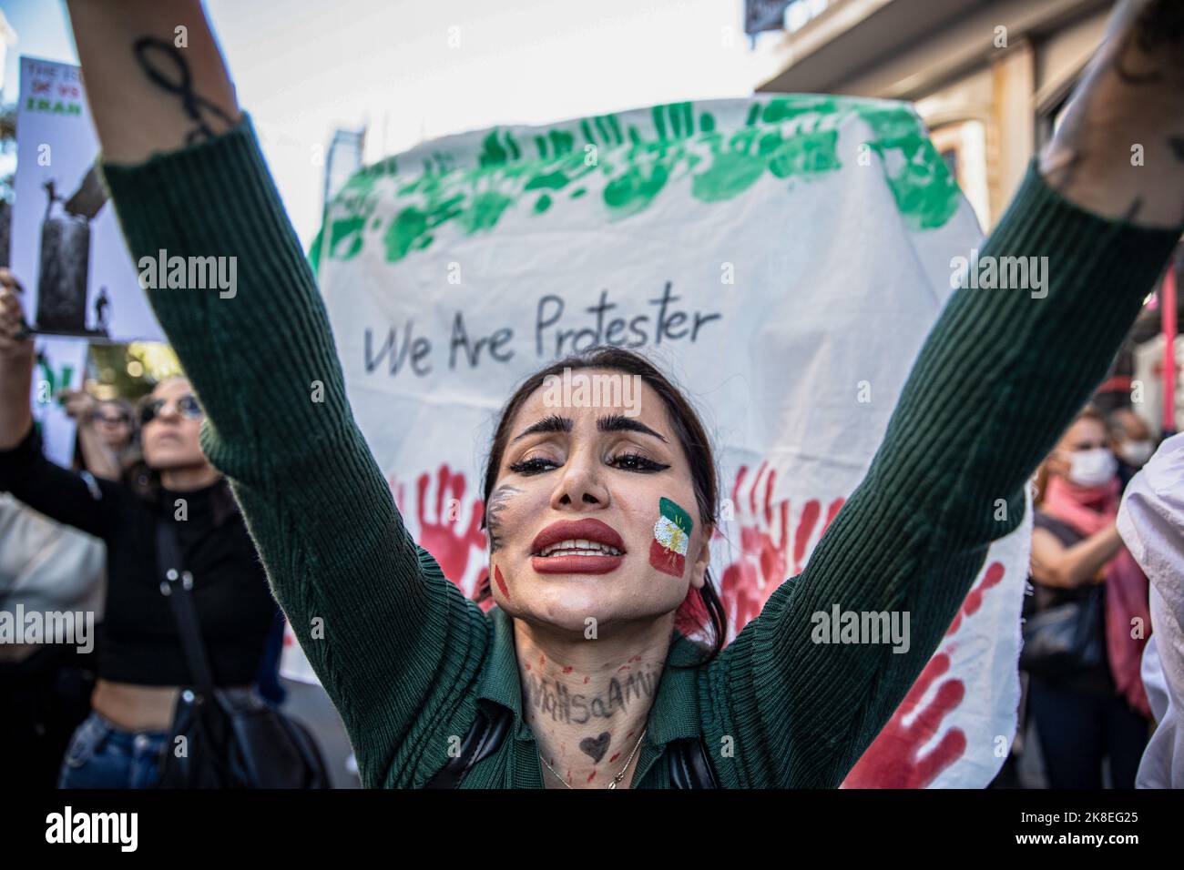 Istanbul, Turkey. 22nd Oct, 2022. A face-painted demonstrator seen ...
