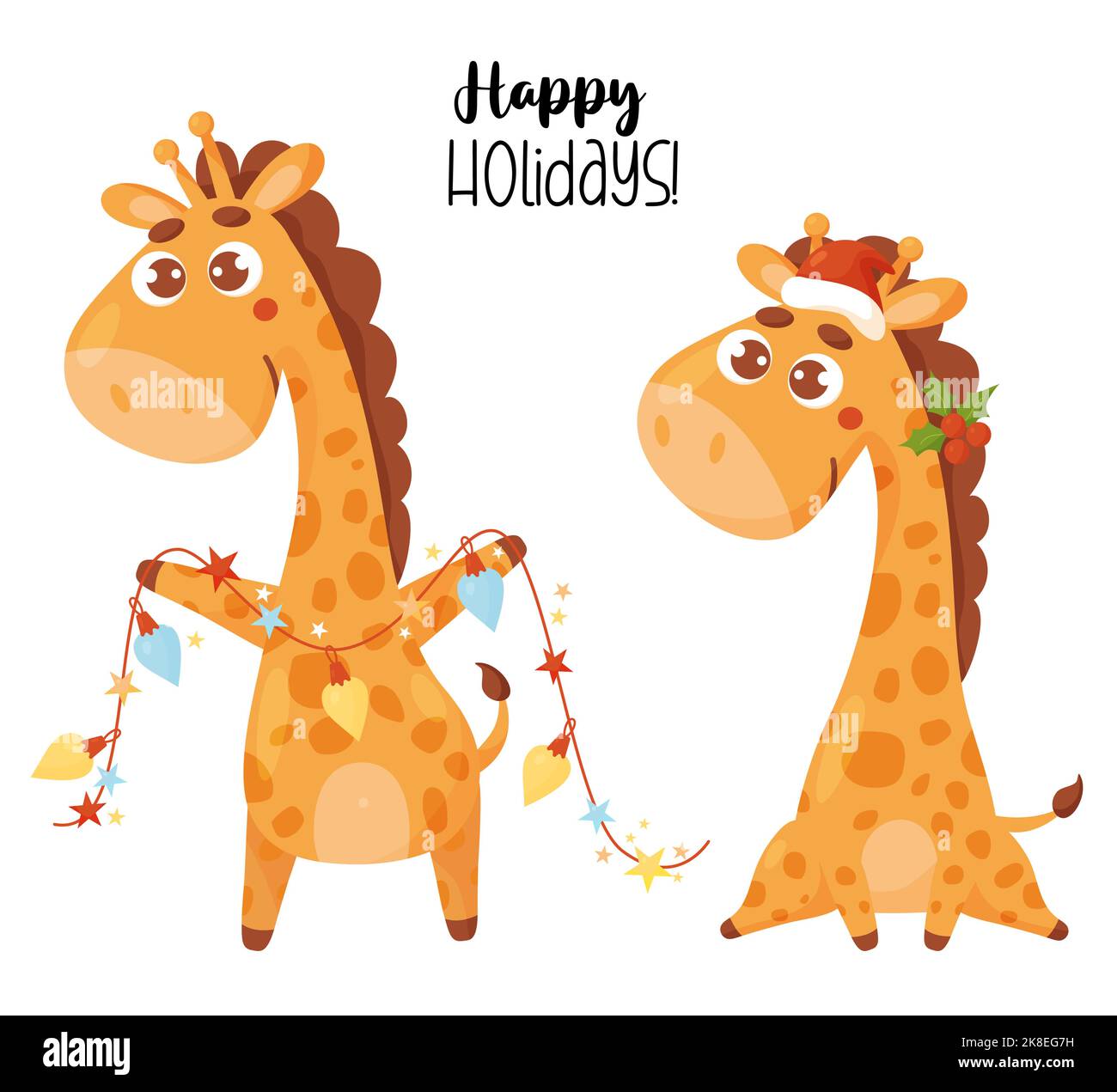 Christmas collection of cute giraffes with garland and wearing Santa ...