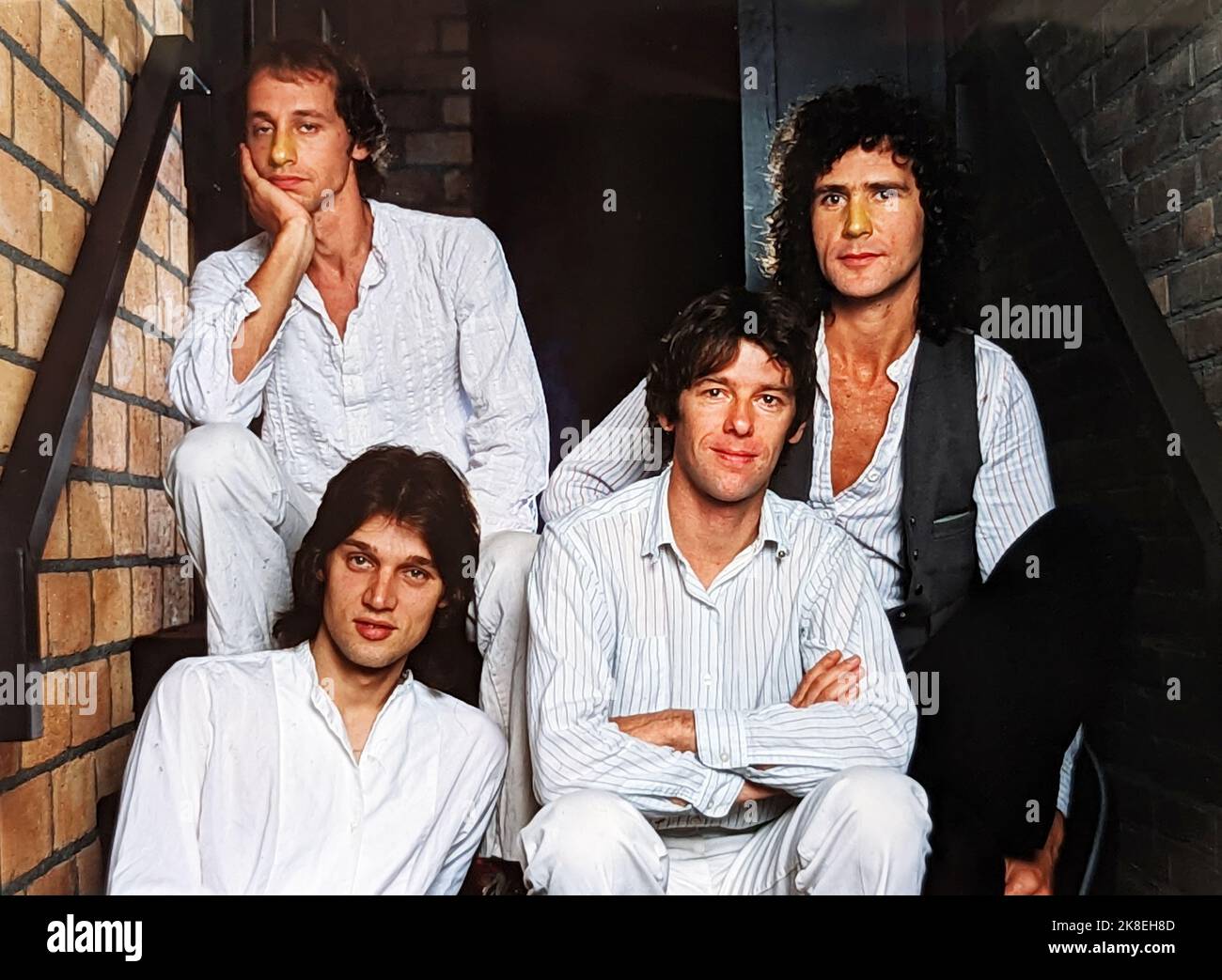 Dire Straits posing in Amsterdam. L/R: Mark Knopfler, David Knopfler, Jack Sonni, John Illsley ...