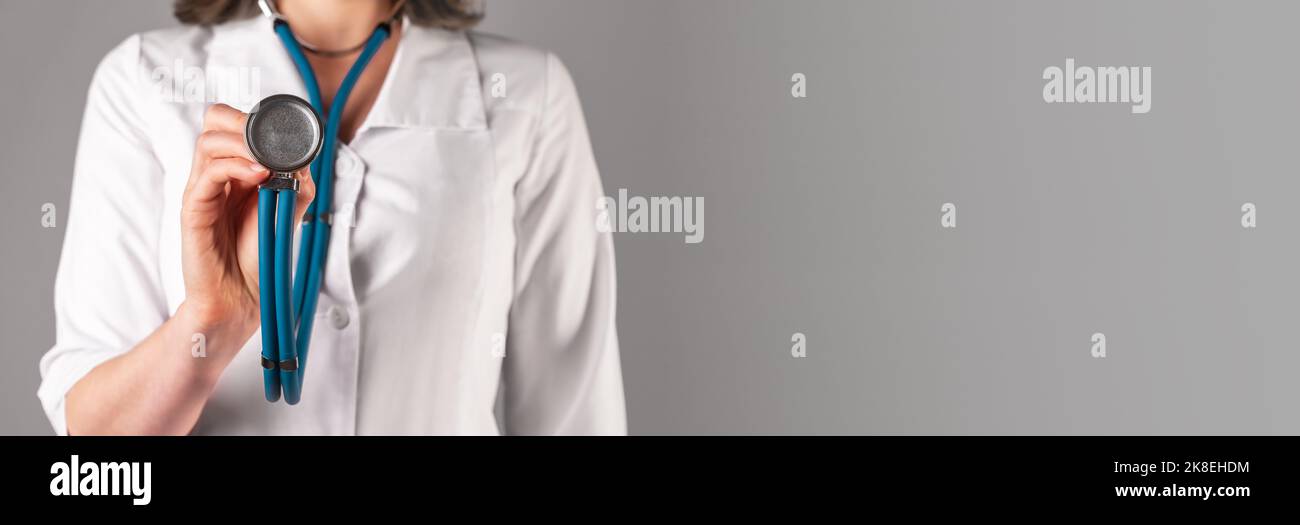 Doctor listening with stethoscope, ad banner. Promo medical background ...