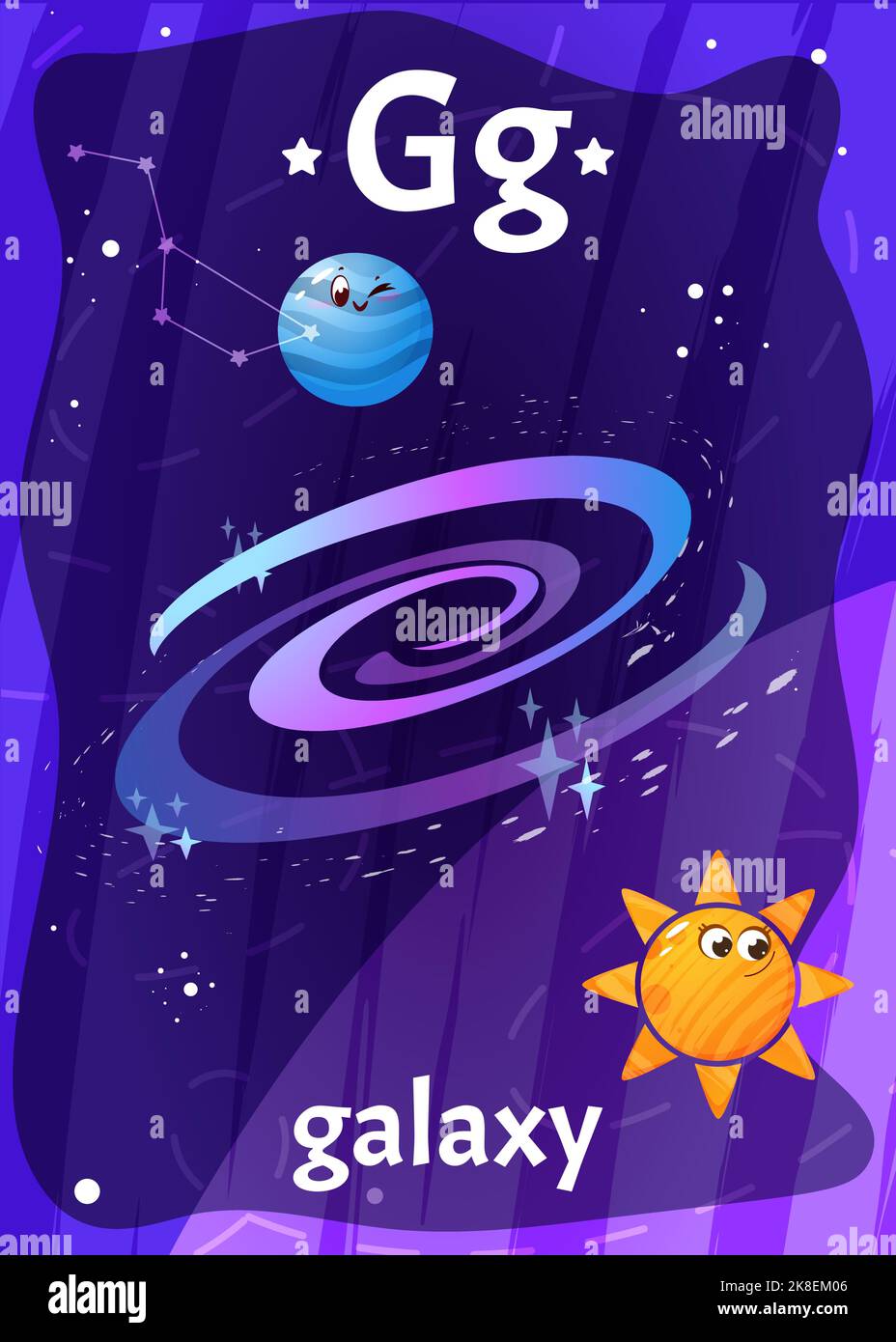 Printable space alphabet flashcard with letter G. Cartoon galaxy cosmic ...