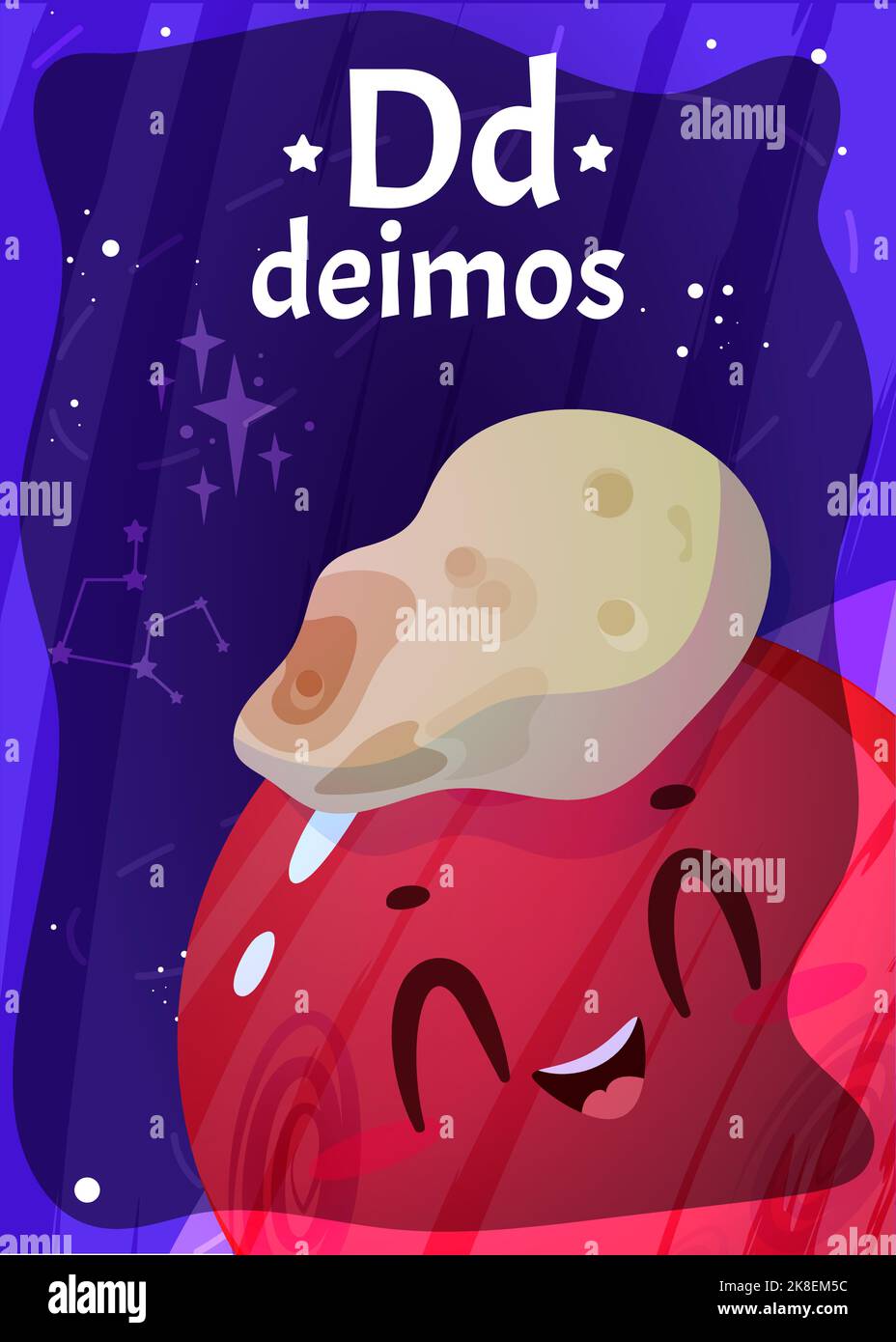 Printable space alphabet flash card with letter D. Cartoon deimos ...