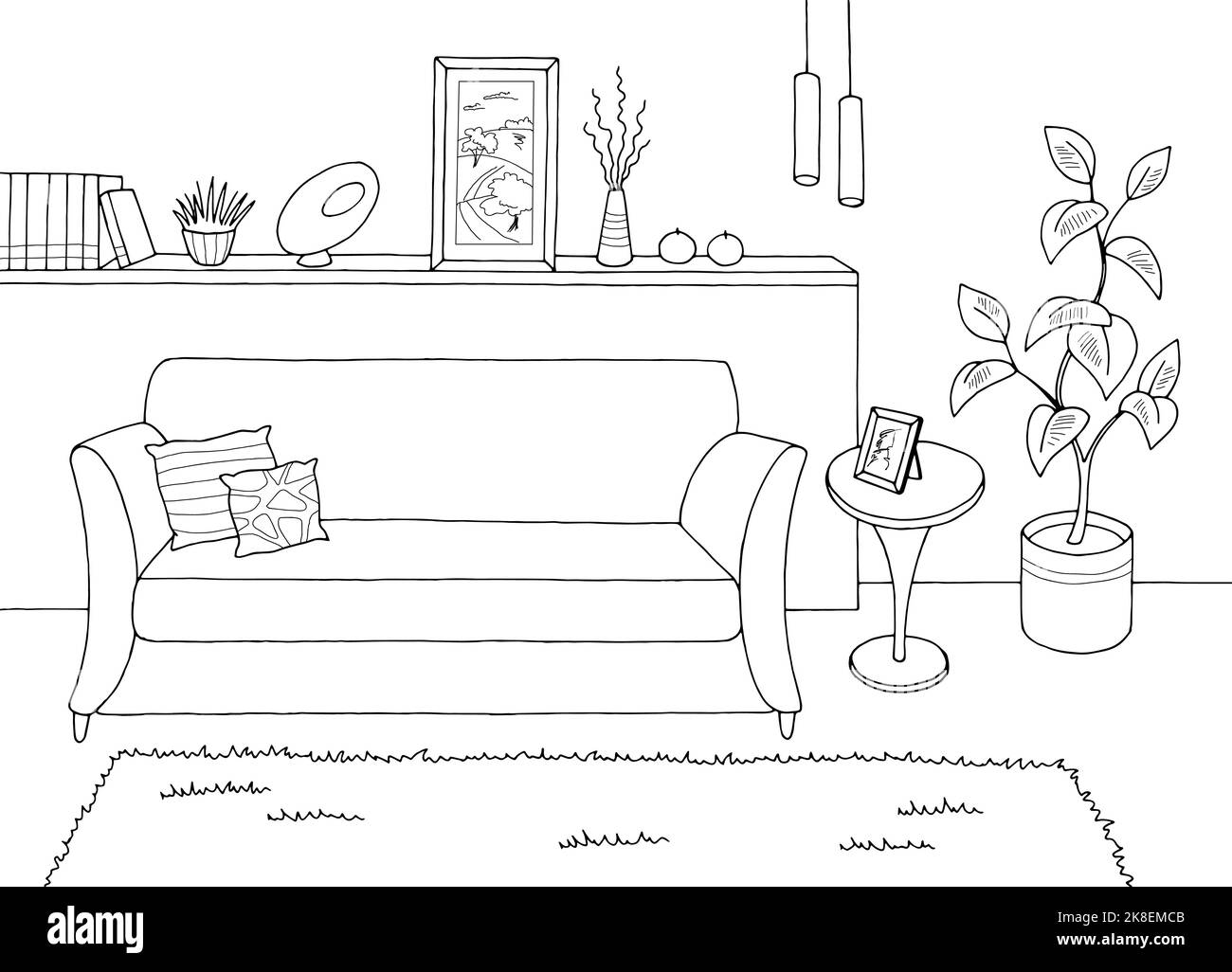 Living room graphic black white interior sketch illustration vector ...