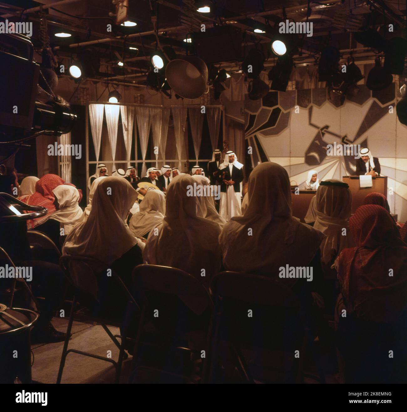 1960s, historical, arab males in traditional dress inside a TV studio ...