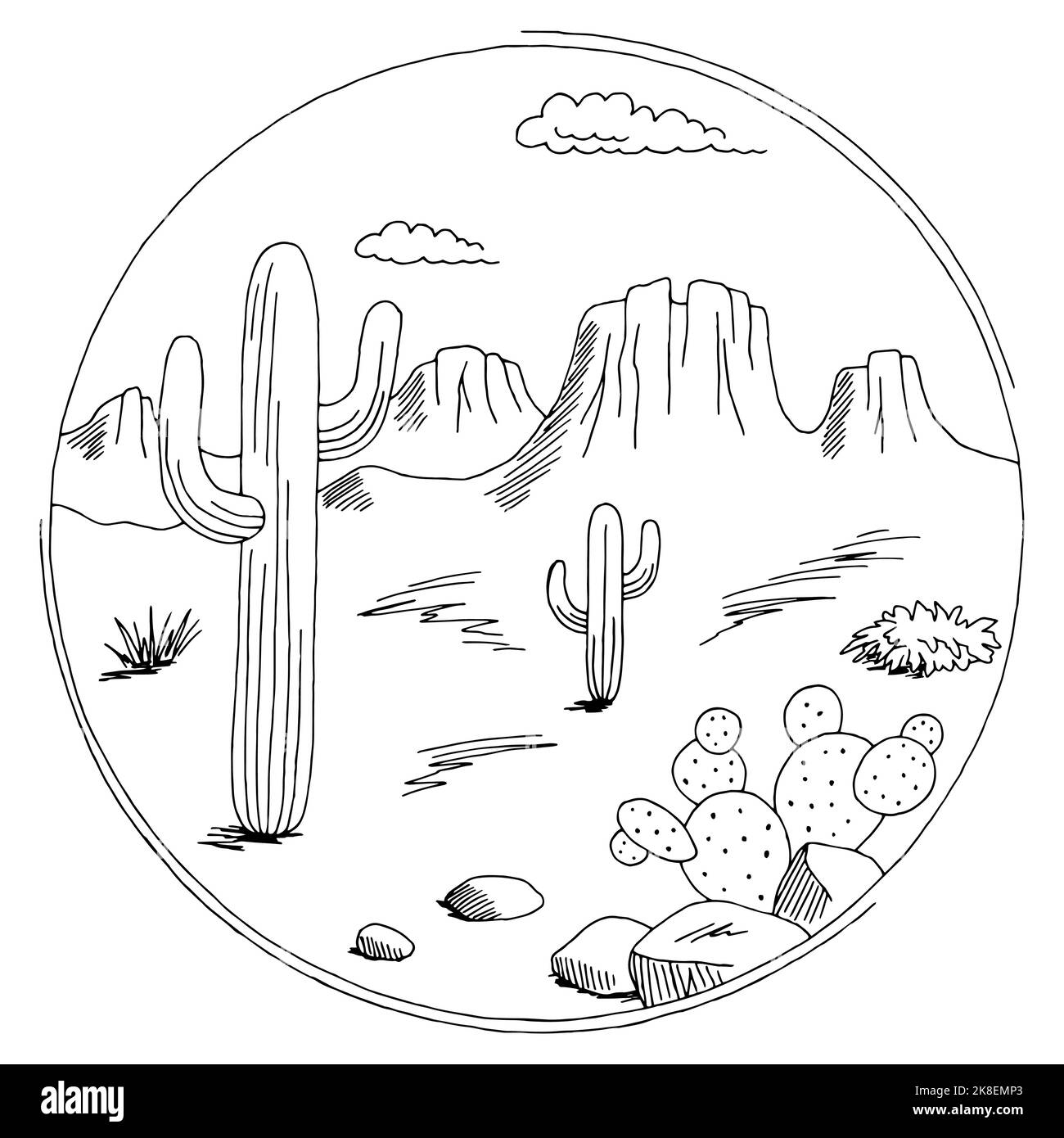 Prairie circle frame graphic black white desert landscape sketch ...