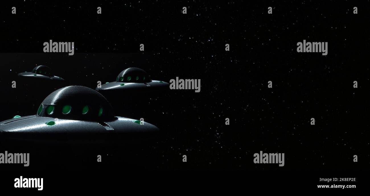Trio of UFOs in formation with stars behind and copy space Stock Photo ...