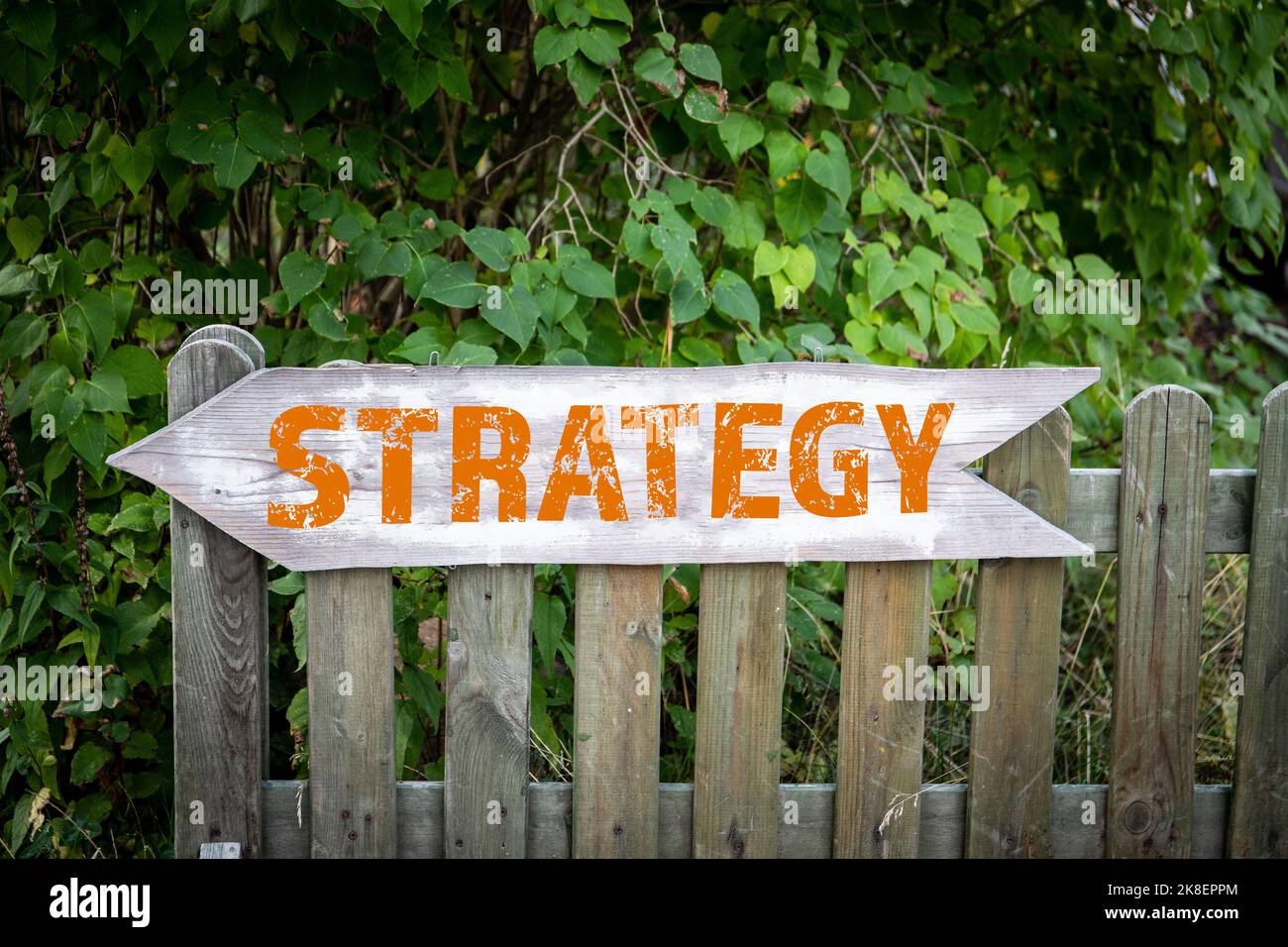 Strategy concept. Wooden signpost arrow with text at the fence Stock ...