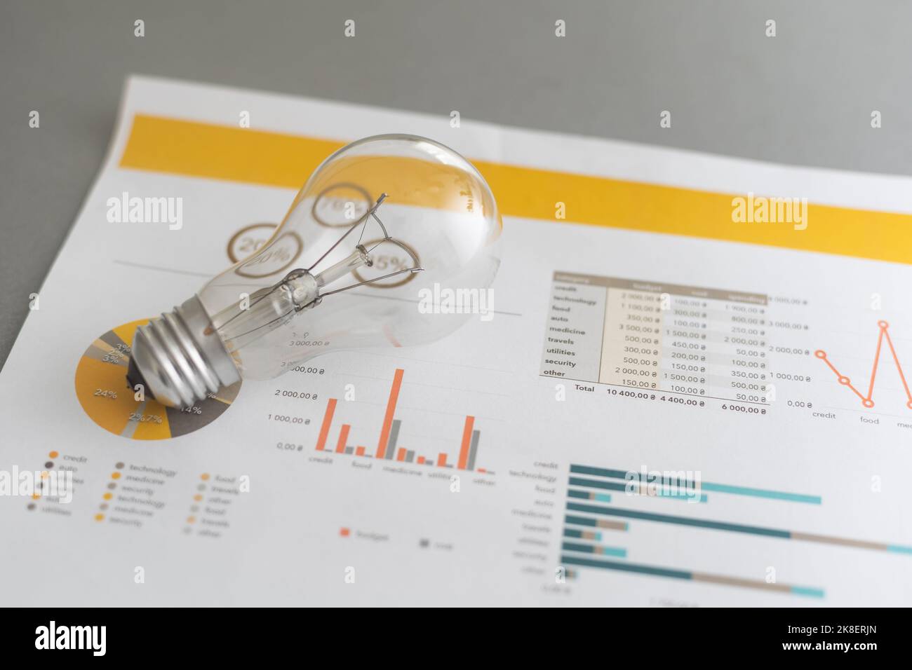 Energy efficiency rating chart, light bulb on gray background, closeup ...