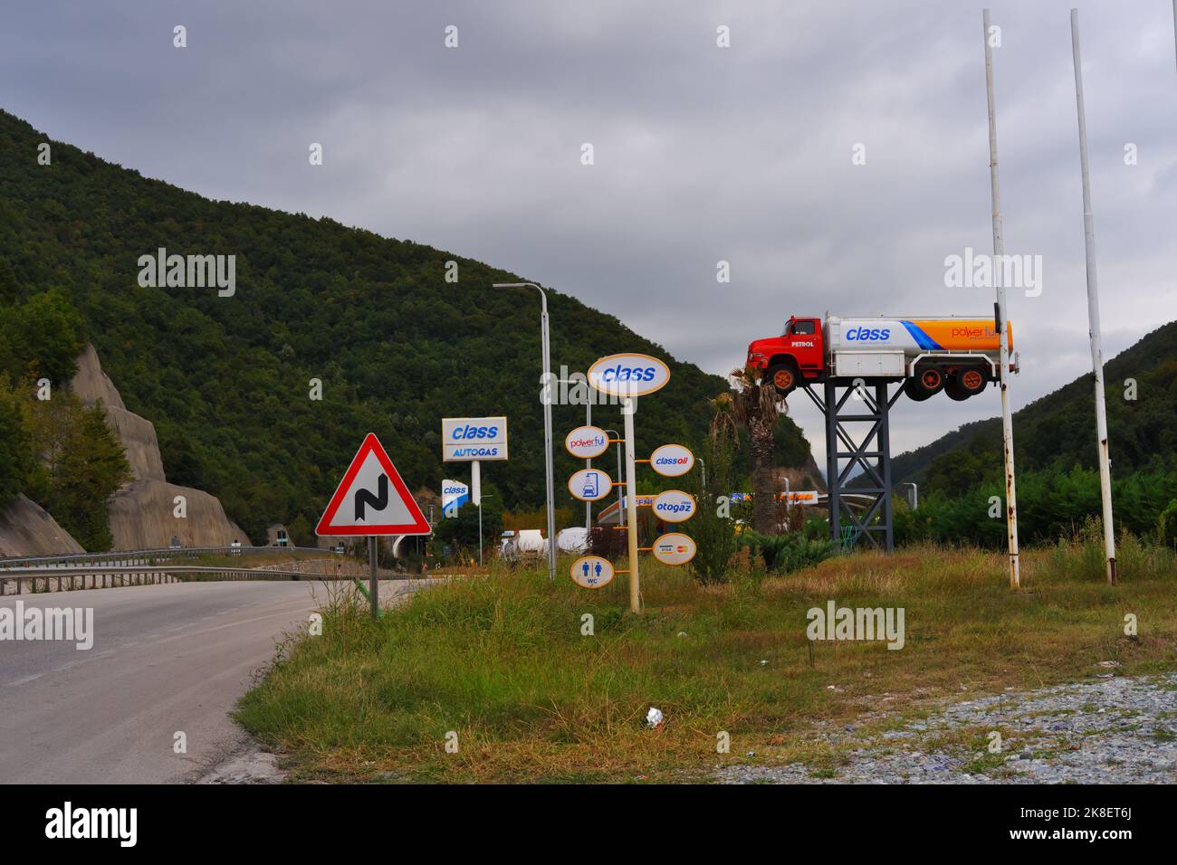 Road tanker lifted up at roadside for advertisement of a gas station ...