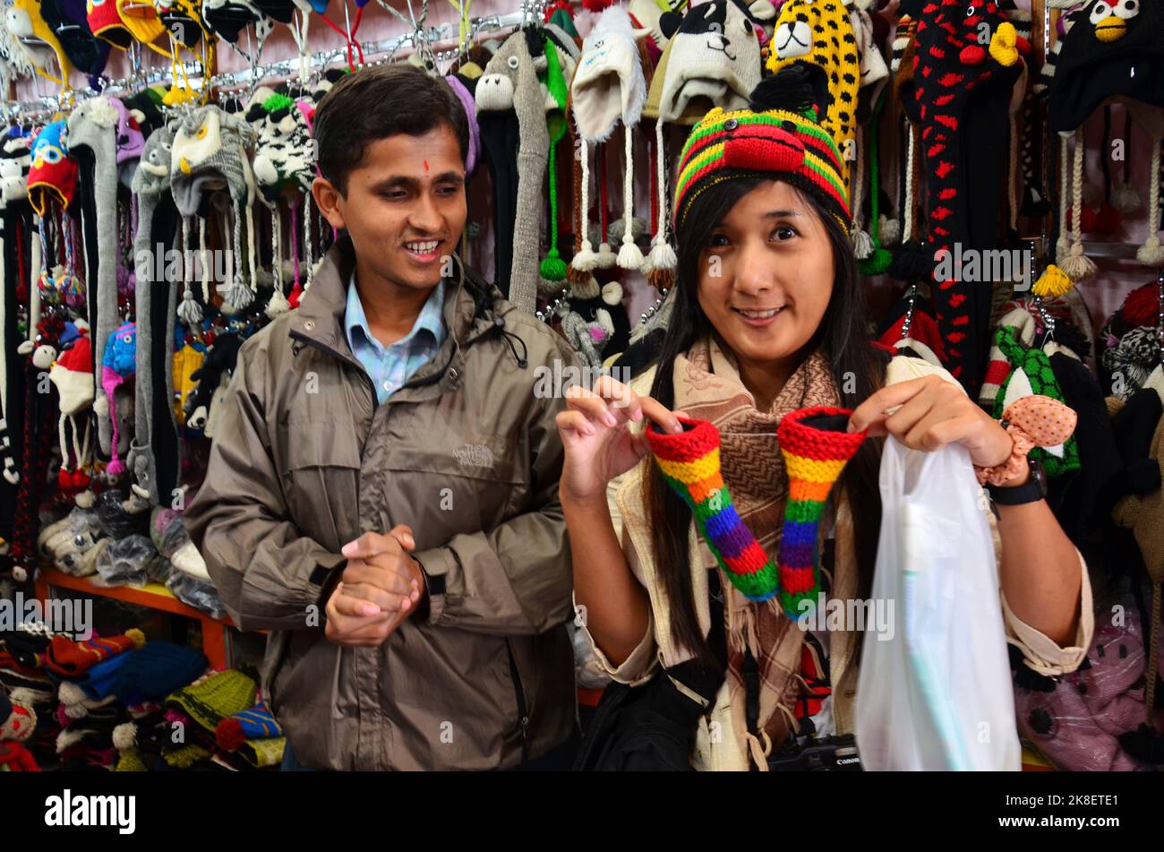 Travelers thai women visit buy products and posing portrait with nepali ...