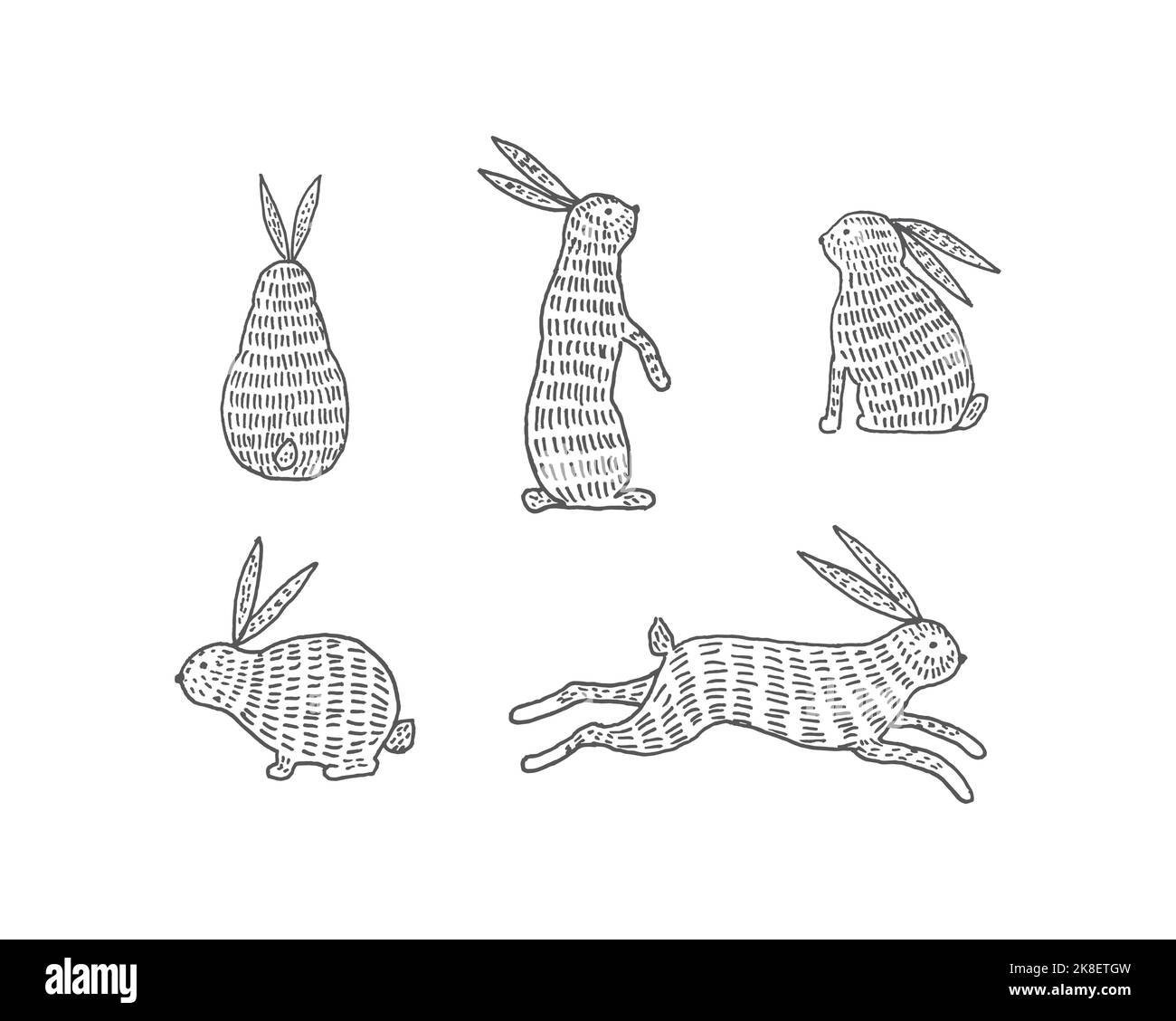 Hand drawn style line drawing illustration set of rabbit in various ...