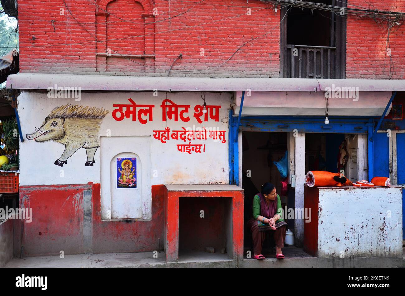 Nepalese women sell meat boar pig at butcher shop or fresh pork orange ...