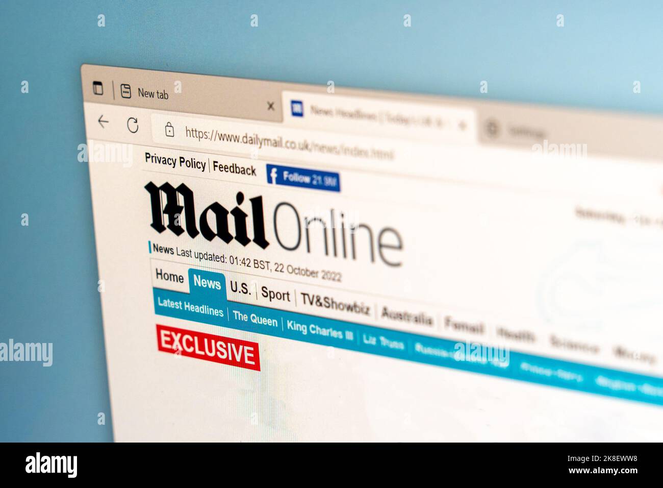 Exeter, UK - October 2022: Online homepage of the Daily Mail newspaper ...