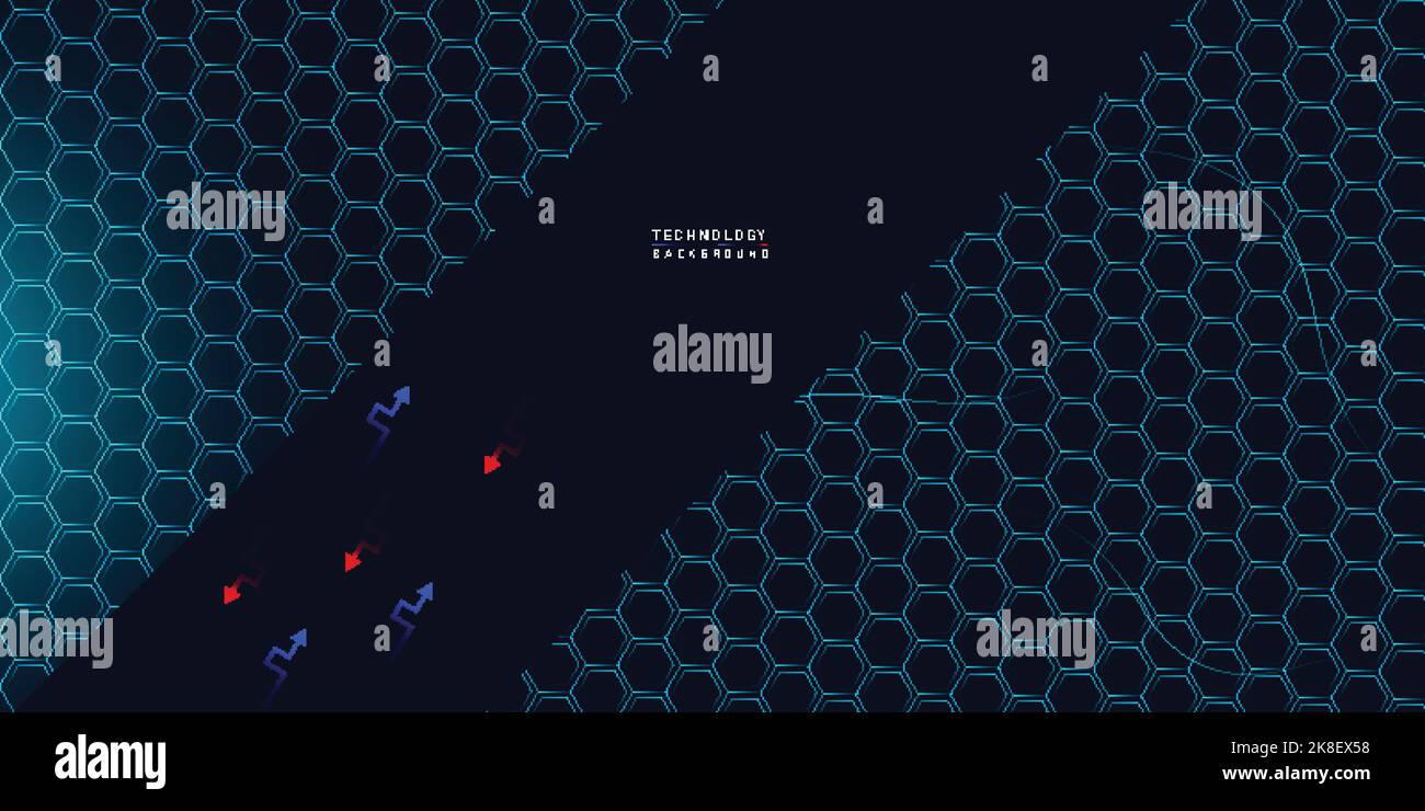 Technology background design with neon Hexagons pattern and arrow shape, blue futuristic ...