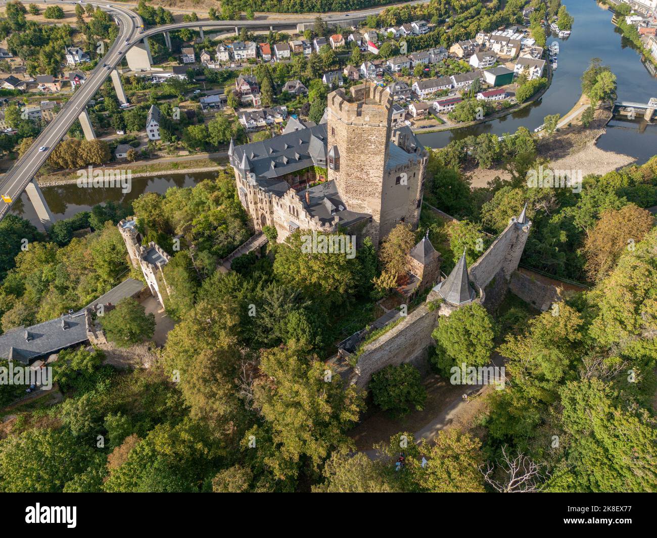 Aerial view Lahneck Castle at lahn River Valley by City Lahnstein near ...