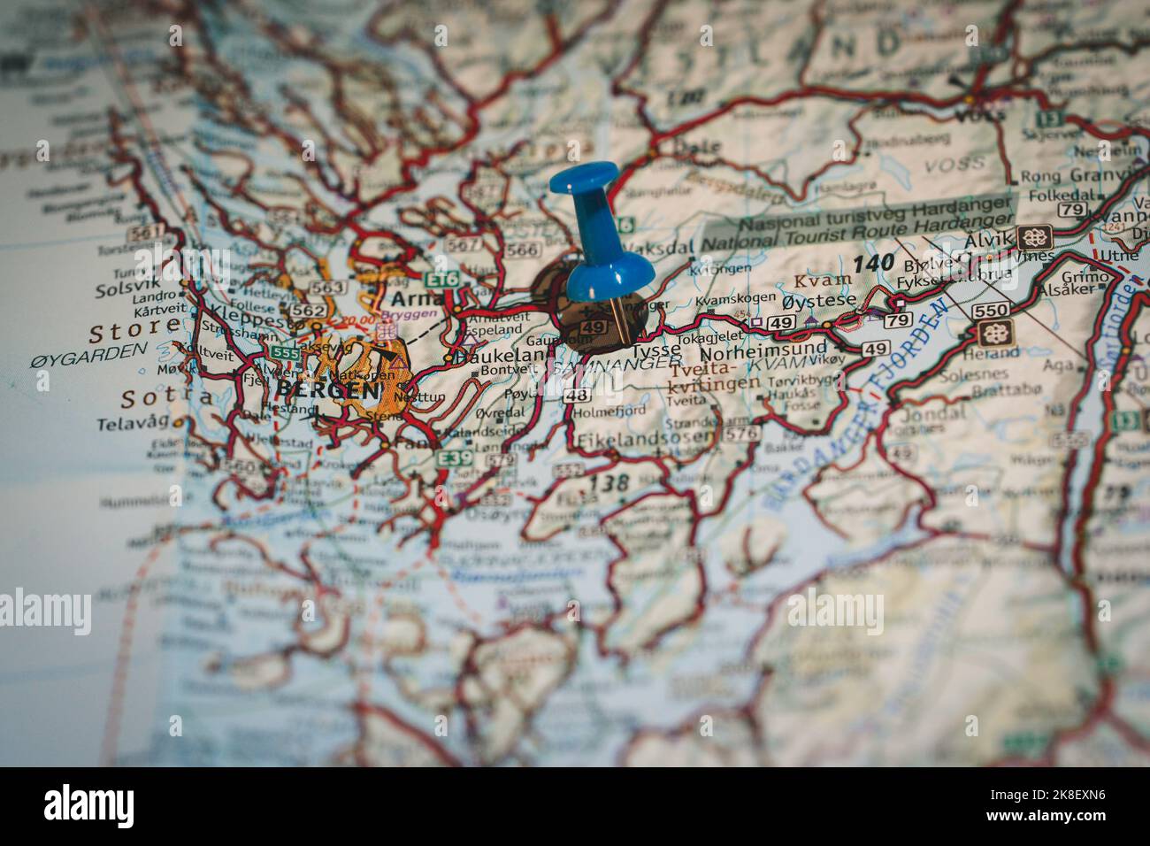 Tysse, Norway. Blue pinhead on map Stock Photo - Alamy