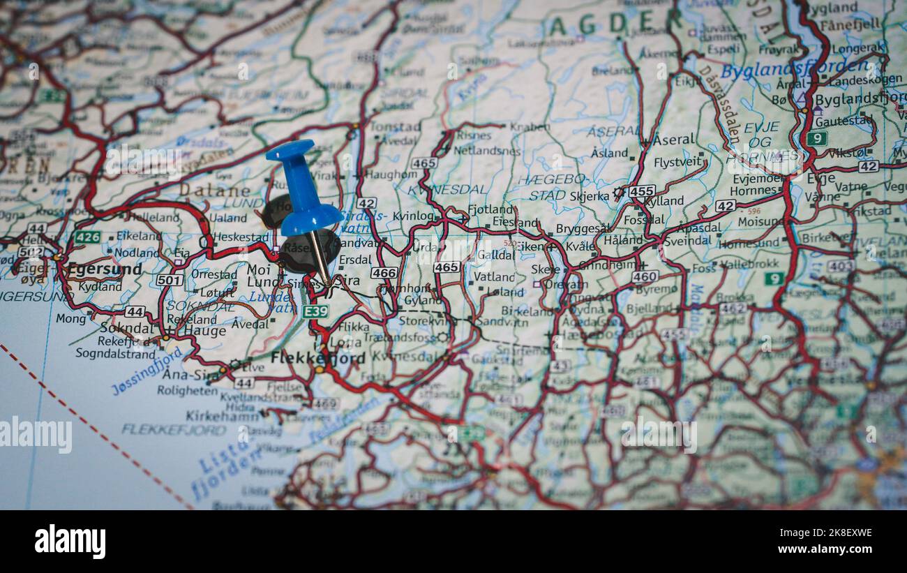 Sira, Norway. Blue pinhead on map Stock Photo - Alamy