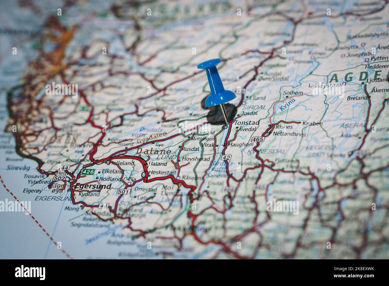 Tonstad, Norway. Blue pinhead on map Stock Photo - Alamy