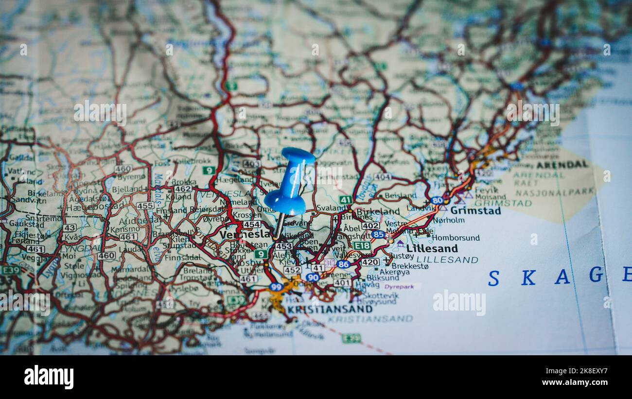 Vennesla, Norway. Blue pinhead on map Stock Photo - Alamy
