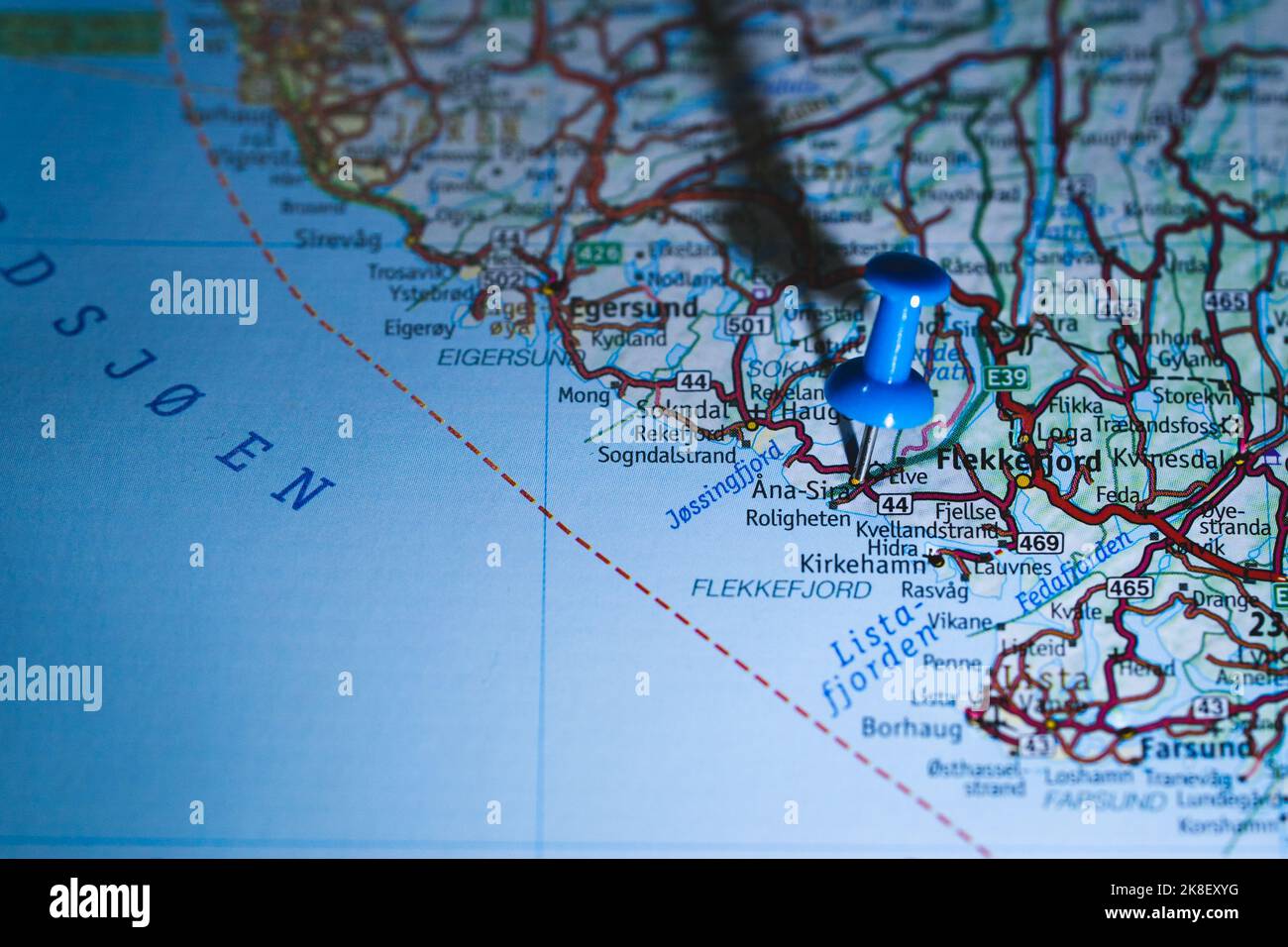 Åna-Sira, Norway. Blue pinhead on map Stock Photo - Alamy