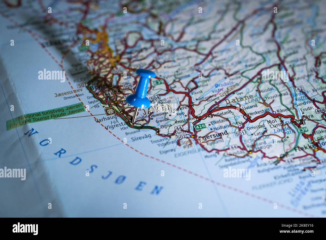 Vigrestad, Norway. Blue pinhead on map Stock Photo - Alamy