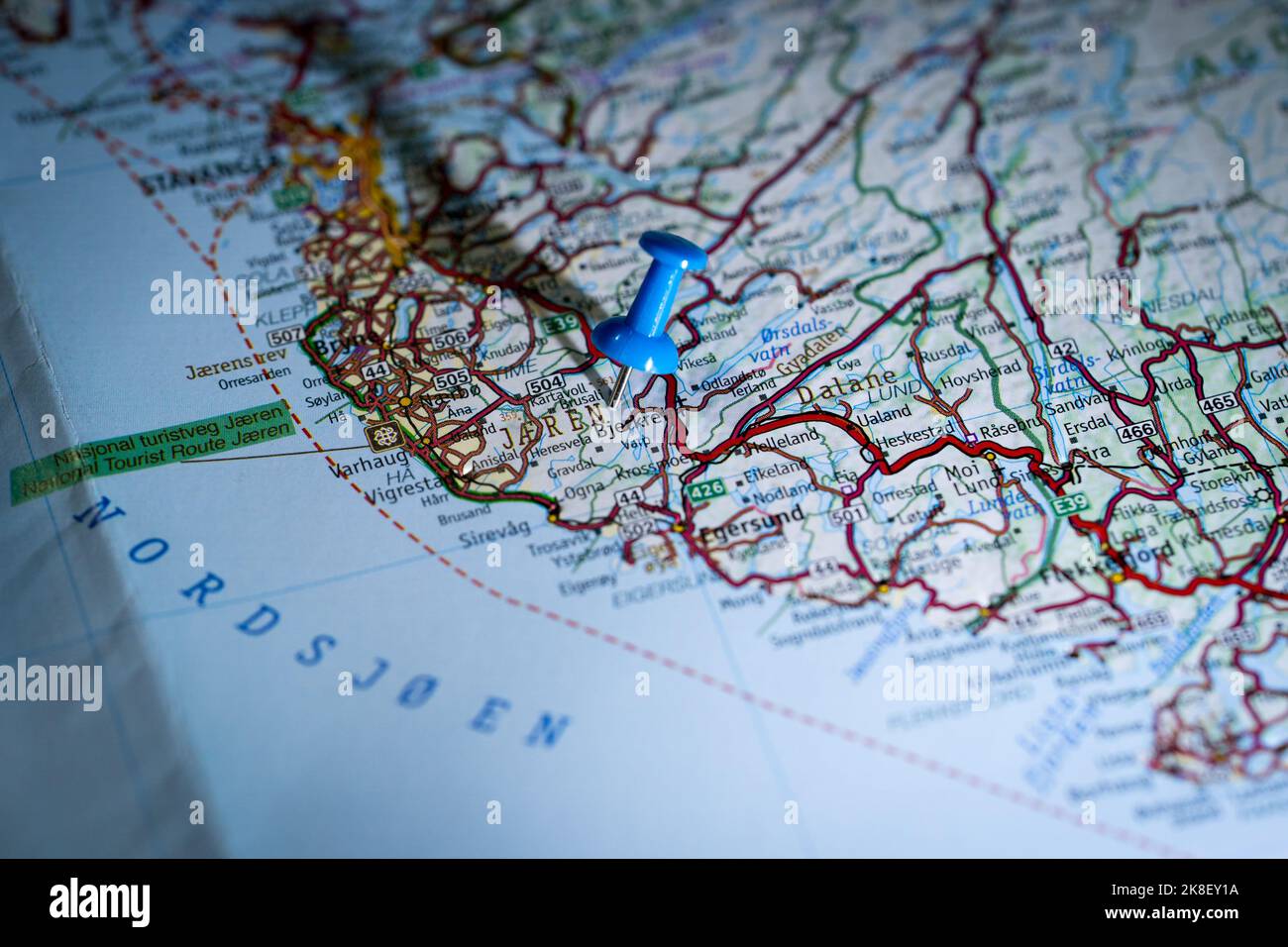Jæren, Norway. Blue pinhead on map Stock Photo - Alamy