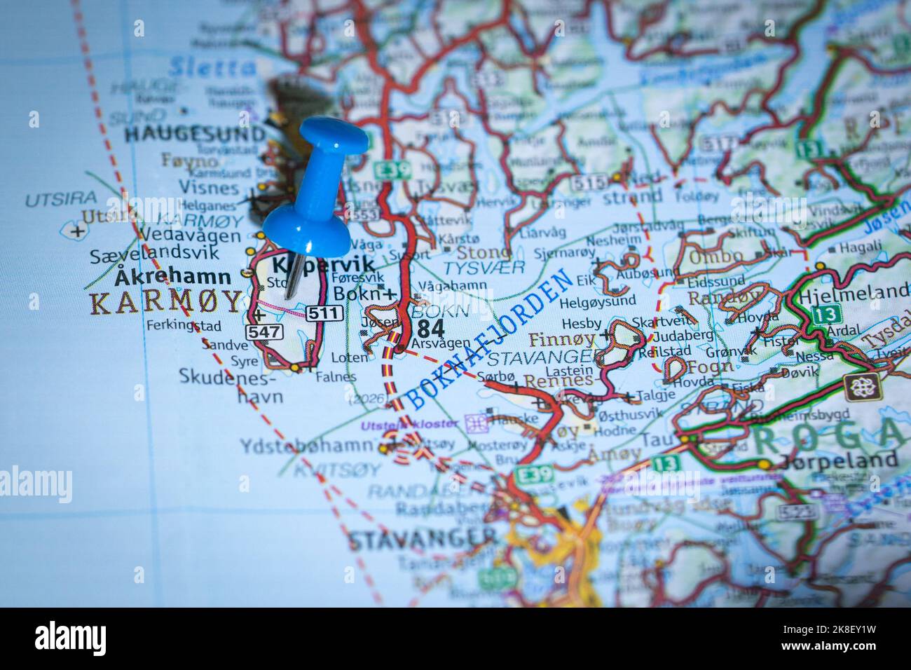 Karmøy, Norway. Blue pinhead on map Stock Photo - Alamy