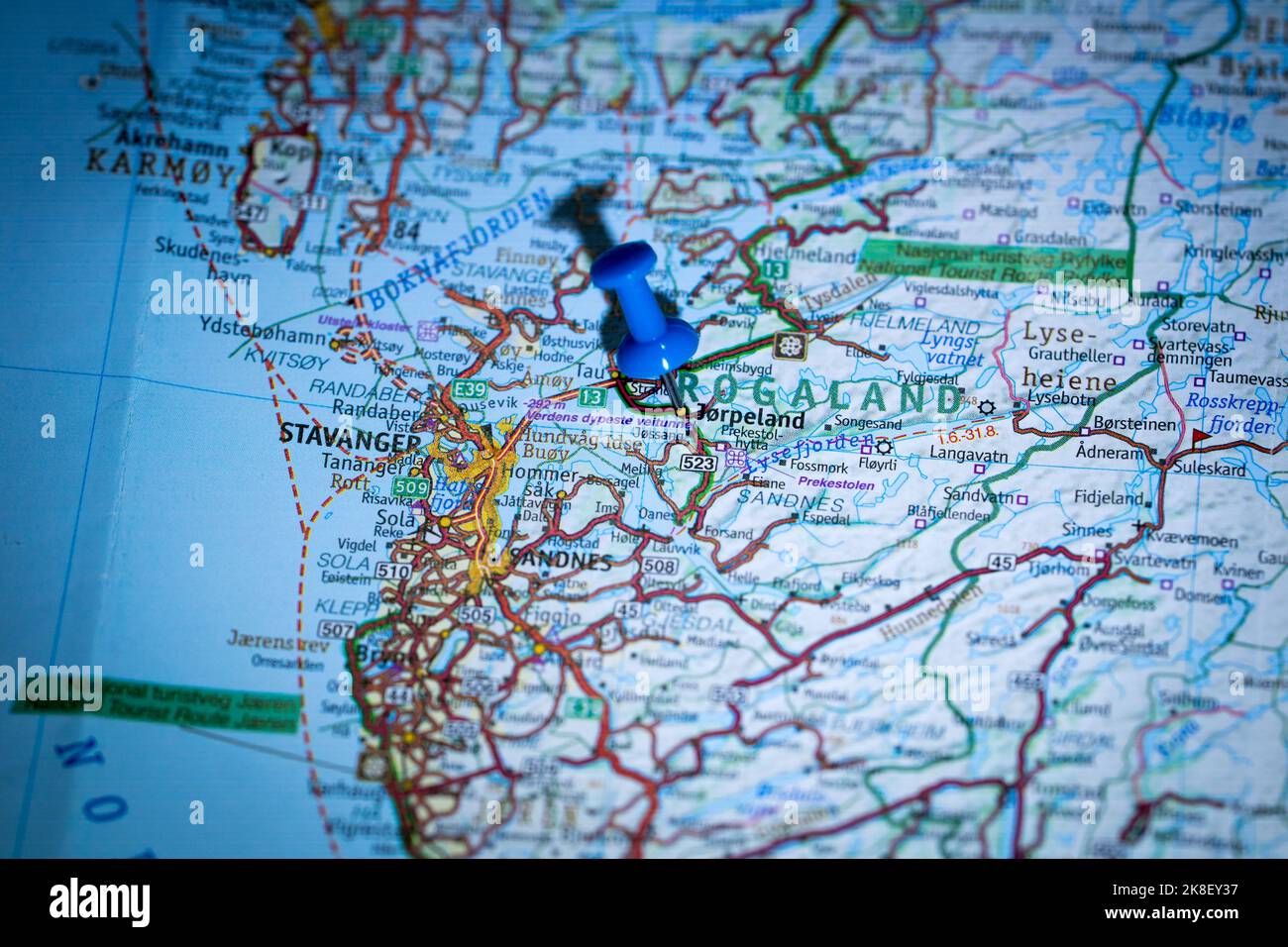 Jørpeland, Norway. Blue pinhead on map Stock Photo - Alamy