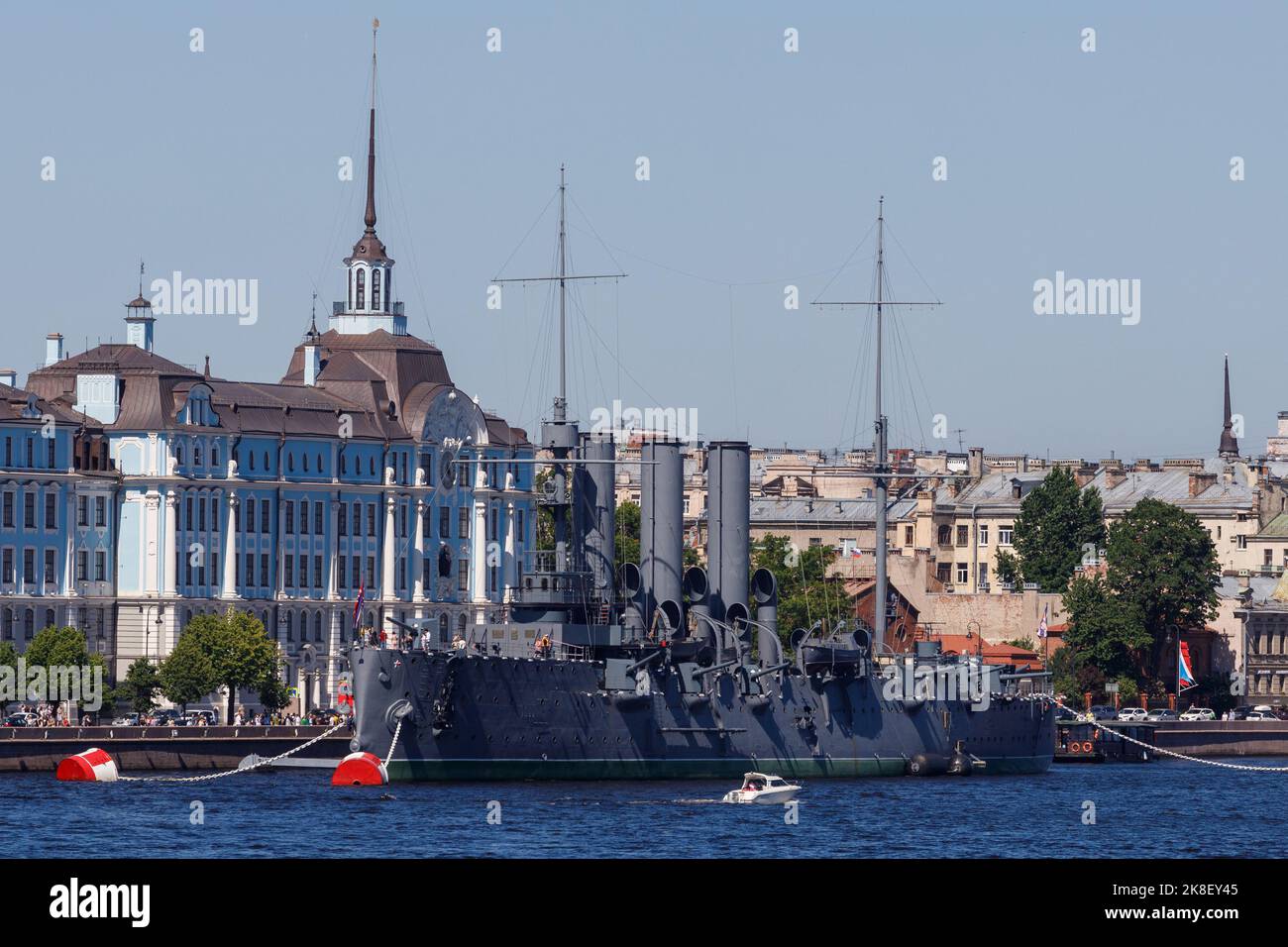 Russia St. Petersburg 07.07.2022 Cruiser Aurora on the Neva river in ...