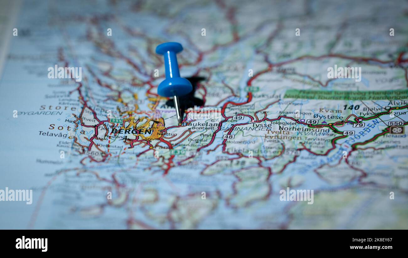 Haukeland, Norway. Blue pinhead on map Stock Photo - Alamy
