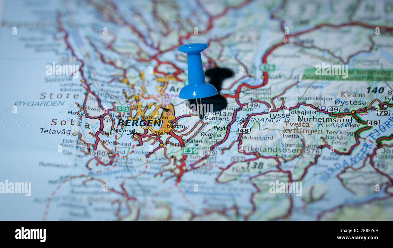 Bontveit, Norway. Blue pinhead on map Stock Photo - Alamy