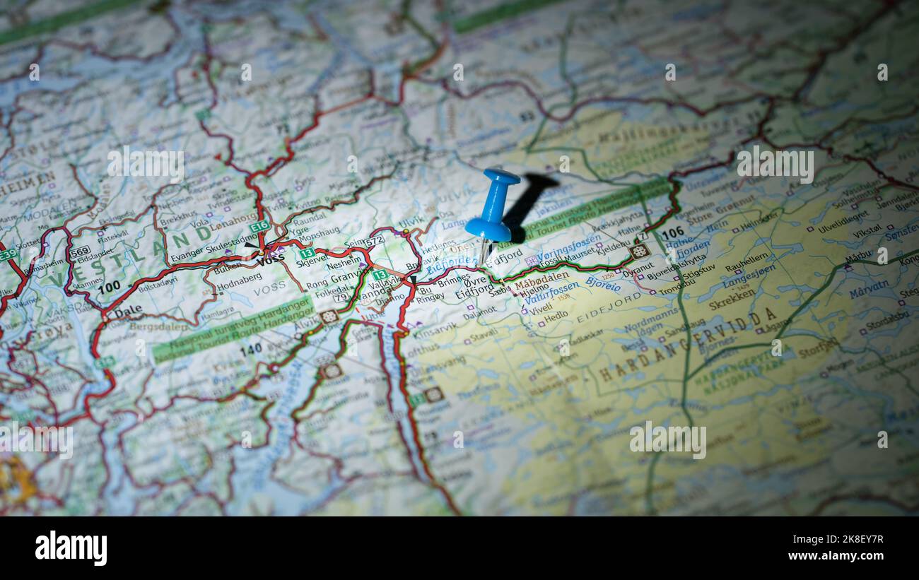 Eidfjord, Norway. Blue pinhead on map Stock Photo - Alamy