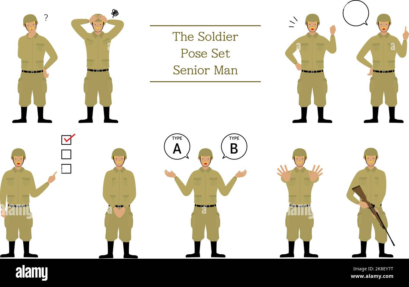 Senior Male Soldier Pose Set, questioning, worrying, encouraging ...