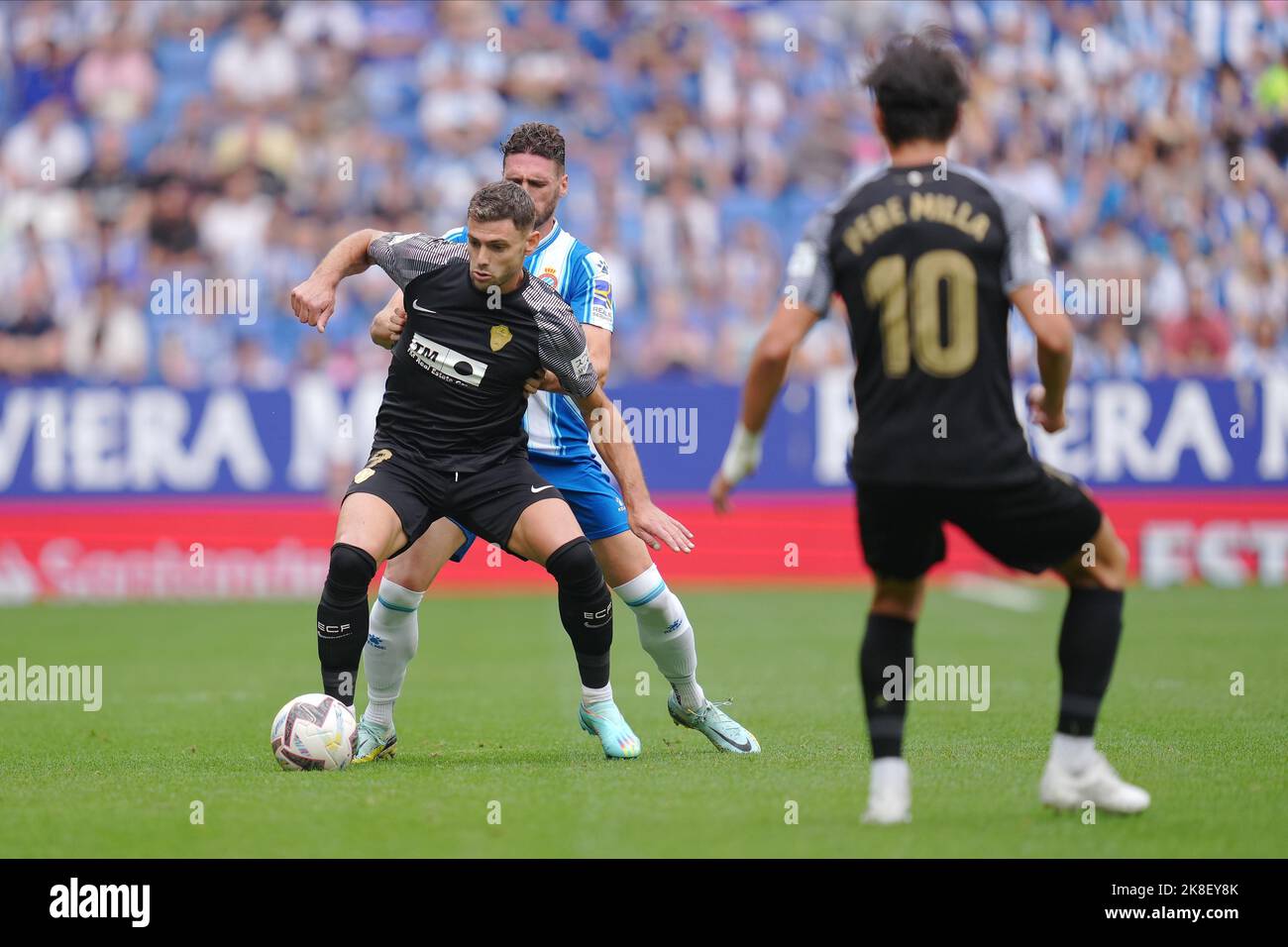 Lucas Boye of Elche CF and Sergi Gomez of RCD Espanyol during the La ...