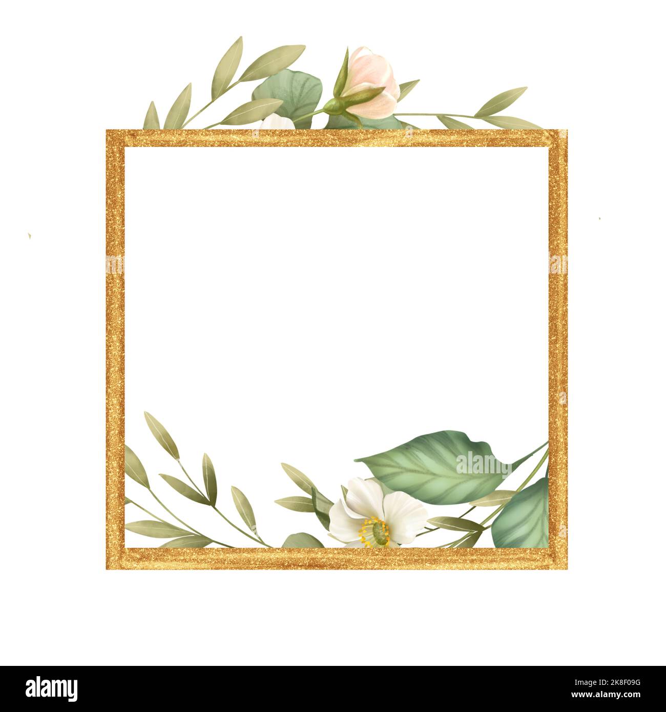 Gold square frame with whiteflowers and green leaves. Floral Wedding ...