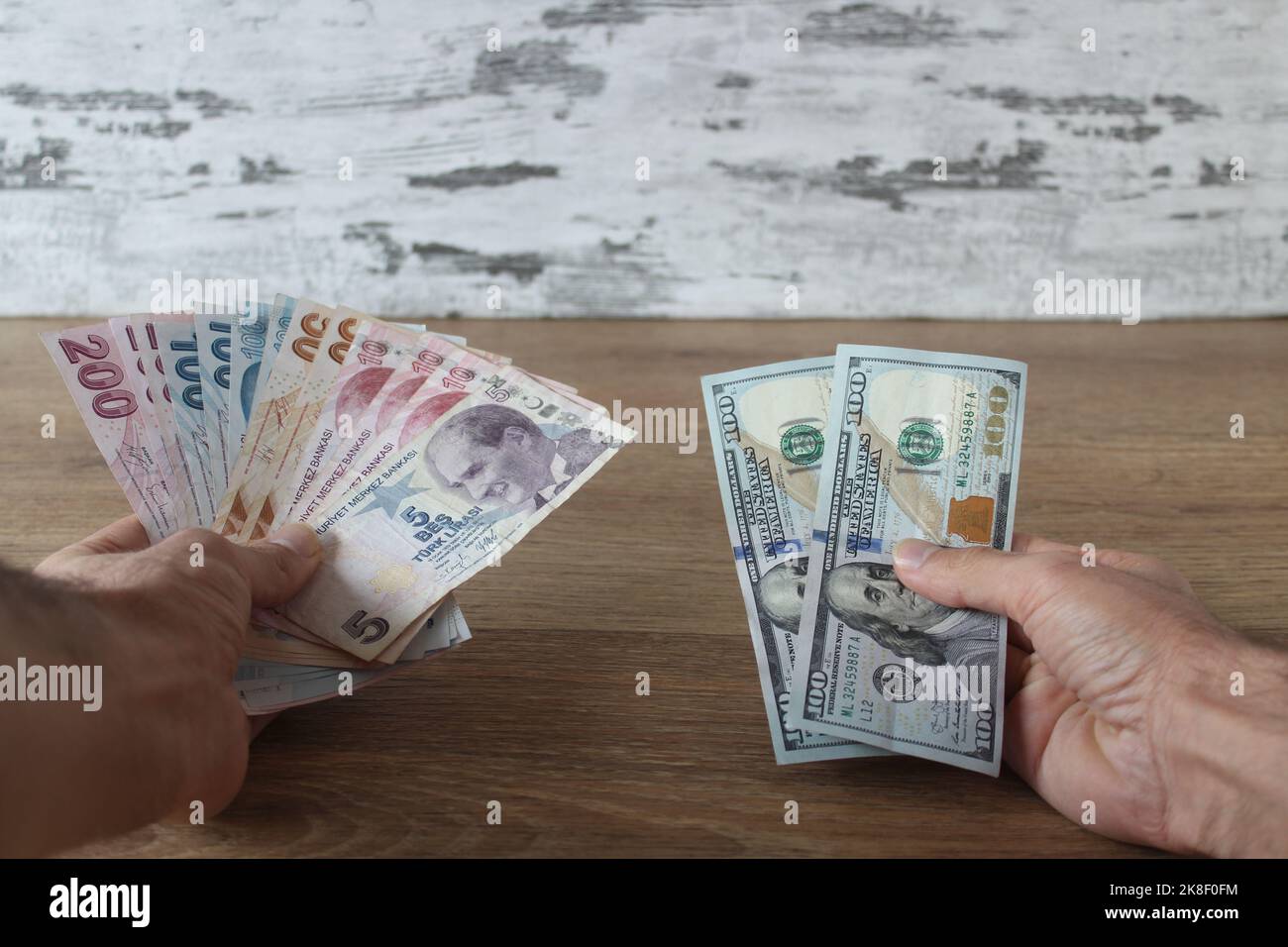 Change money, man holding dollars and turkish liras with his hands ...